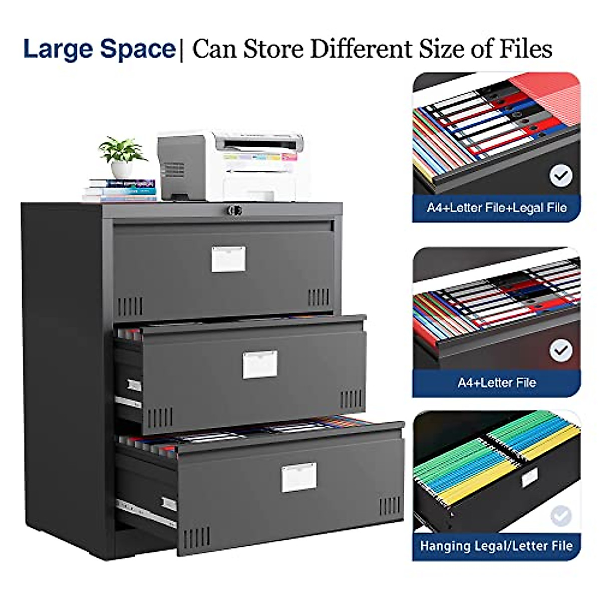 kingwolfox 4 Drawer Lateral File Cabinet with Lock, Locking lateral Filing Cabinet for Office Metal Steel File Drawers Cabinet, Lockable Horizontal File Cabinet for for Legal/Letter A4/F4 Size