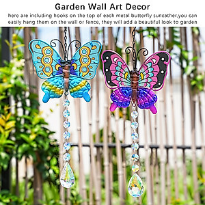 Set 2 Metal Butterfly Suncatchers for Windows - 14" Outdoor Fence Wall Art Decor, Rainbow Prisms Sun Catchers with Crystals Hanging for Home Garden Ornament