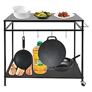Outdoor Grill Cart Double-Shelf Movable Cooking Table, Outdoor Dining Cart with Storage and Spice Rack, Pizza Oven Cart Worktable Trolle for Kitchen or Backyard Patio Indoor