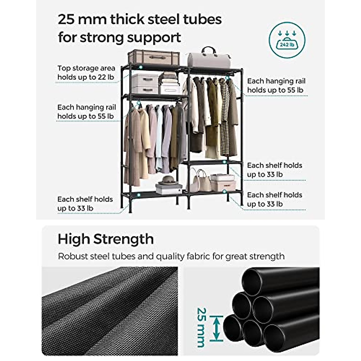 SONGMICS Garment Rack Heavy Duty Clothes Rack, 65 Inch Freestanding Portable Wardrobe Closet with Hanging Rails and Shelves, Total Load 242 lb, Easy Assembly, for Cloakroom, Bedroom, Black URDR201B02