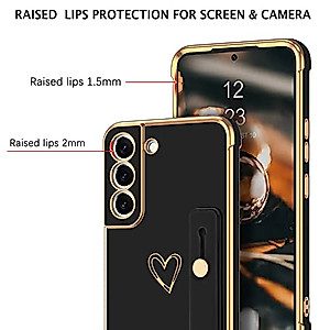 Telaso Phone Case Samsung Galaxy S22, Love Heart Cute Case with Wristband Kickstand Holder Soft TPU Plating Bumper Protective Slim Shockproof Cover for Girls Women, Black