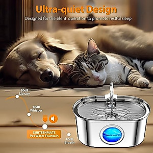 subteenmate Cat Water Fountain with Water Levels Window, 3.2L/108oz, Pet Water Fountain Stainless Steel Dog Water Dispenser, Ultra-Quiet Pump, Water Fountain for Cats Inside 3 Replacement Filters