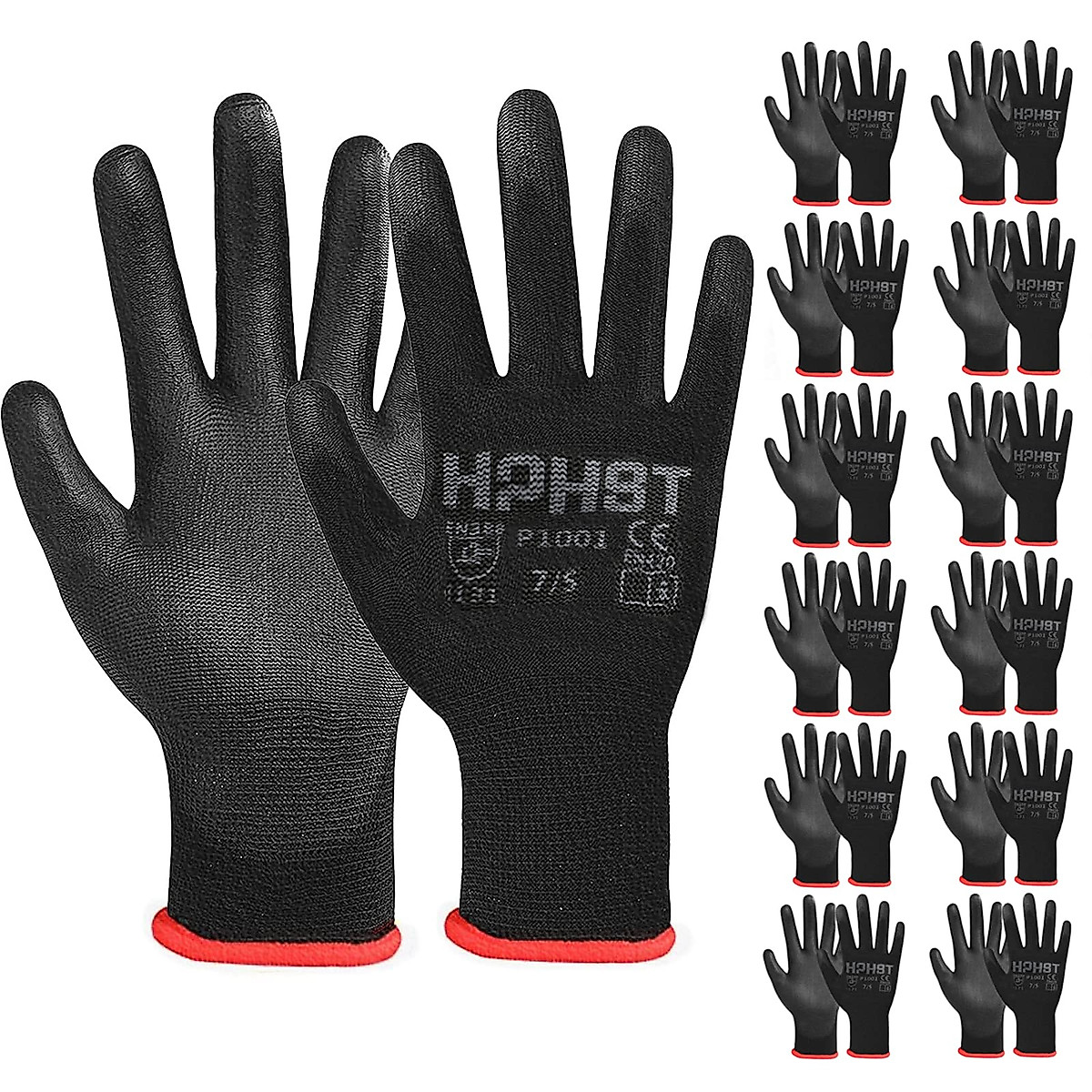 HPHST PU Coated Safety Work Gloves, 12 Pairs Work Gloves Mechanic Working Seamless Knit Glove for Men Women with Polyurethane Coated Smooth Excellent Grip on Palm&Fingers - Black (Large)