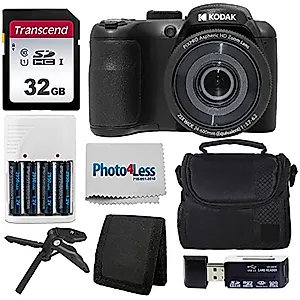 Kodak PIXPRO AZ255 Digital Camera Kit (Black) + Point & Shoot Camera Case + 32GB SD Memory Card + Rechargeable Batteries & Charger + USB Card Reader + Table Tripod + Accessories