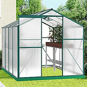 FRANSOUL 6x8 FT Hybrid Polycarbonate Greenhouse with Lockable Hinged Door, Sliding Door and 2 Vent Window, Walk-in Hobby Greenhouse Aluminum Hot House for Outdoor Garden Backyard, Green