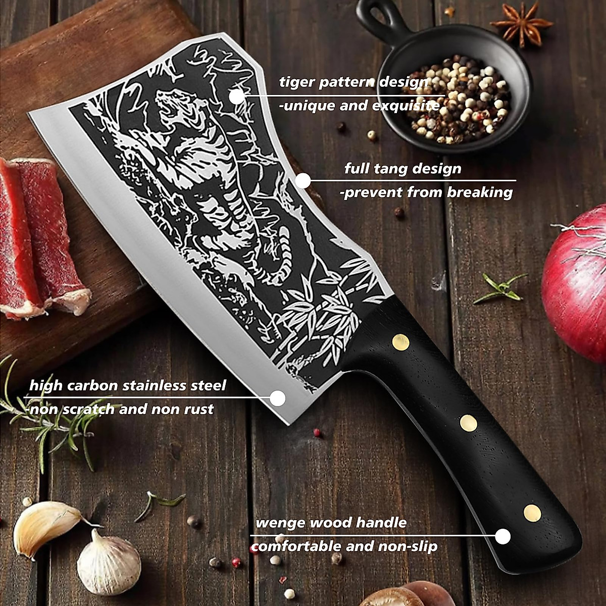 Ogival Meat Cleaver, Meat Chopper with Tiger Pattern, Bone Chopper High Carbon Stainless Steel Butcher Knife with Full Tang Handle, for Kitchen and Restaurant