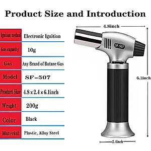 Refillable Butane Torch, Cooking Flame Stable & Adjustable, with Safety Lock, Fit All Gas, for Desserts, Creme Brule, BBQ Baking,Welding. (Gas not Includ, 4.72x1.8x5.7 inches), Black, SF-507