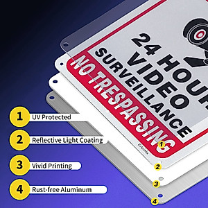 Ertzinla 2 Pack 24 Hour Video Surveillance Sign, No Trespassing Warning Sign, Aluminum 10 x 7 inch Security Camera sign for home Business Driveway Alert CCTV, Reflective, UV Protected…