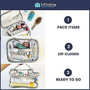 Large Cosmetic Bag for Women / Clear, See-Through Makeup, Hair & Nail Accessories Pouch for Travel or Home / Transparent PVC Plastic Organizer, Spacious Interior, Handle & Double Zippers (Silver)