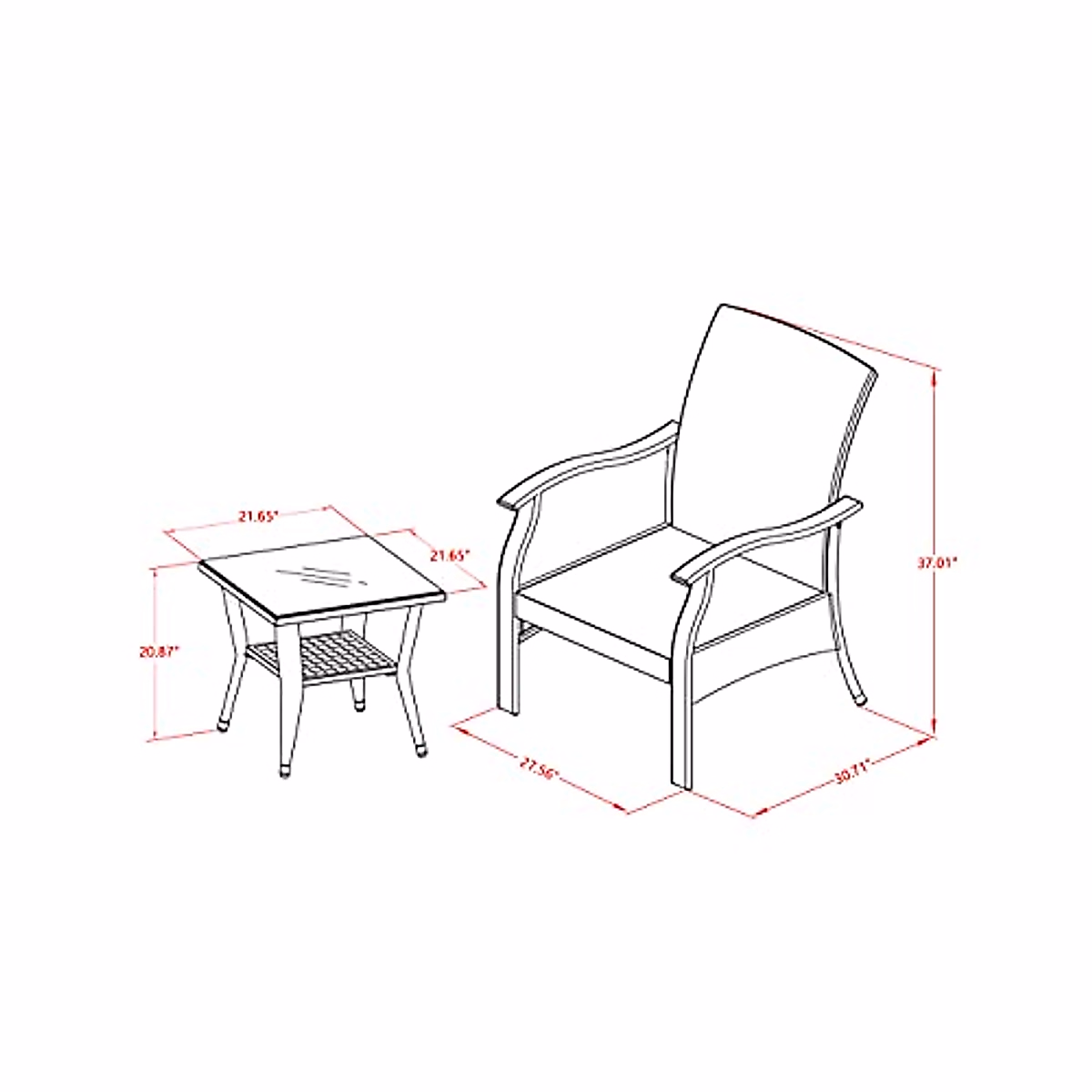 East West Furniture DTL3C01B Denton 3 Piece Patio Furniture Outdoor Set Contains a Rectangle Wicker Tea Table with Glass Top and 2 Balcony Armchair with Cushion, Small, Black