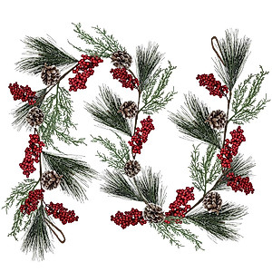 6.6 feet Artificial Christmas Pine Garland with Berries Pinecones Cypress Winter Greenery Garland for Holiday Season Mantel Fireplace Table Runner Centerpiece Decoration
