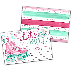 NYCTUG Let's Roll Birthday Fill-In Invitation(4" X 6"), Roller Skate Birthday Party Double-Sided Invites- 20 Invitations With Envelopes-Party Supplies-A17