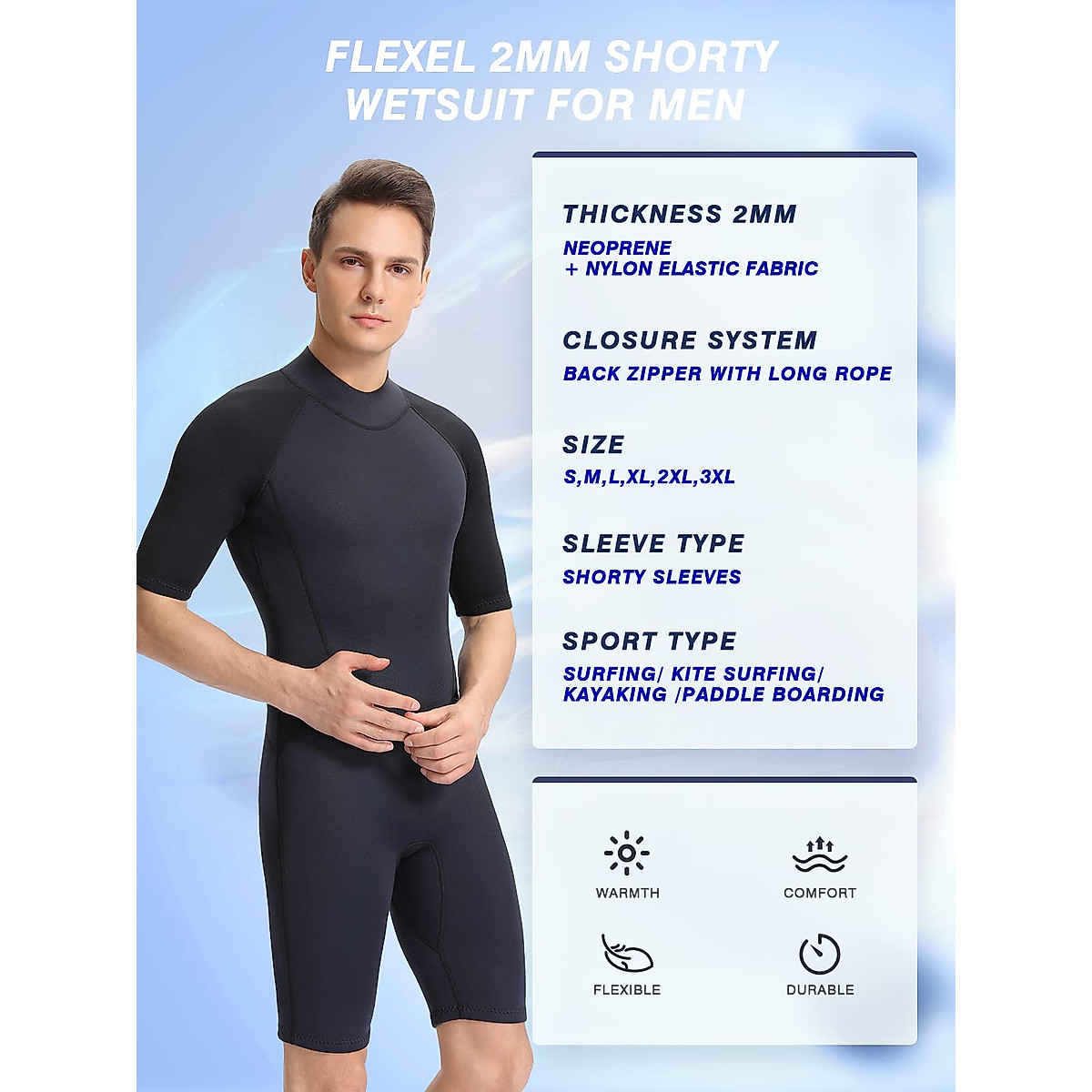 Shorty Wetsuit Men,2mm Neoprene Short Sleeves Wet Suits Back Zip, 1.5mm Shorty Surf Suit Keep Warm in Cold Water for Snorkeling Kayaking Boarding(Dark Blue 2mm,XX-Large)
