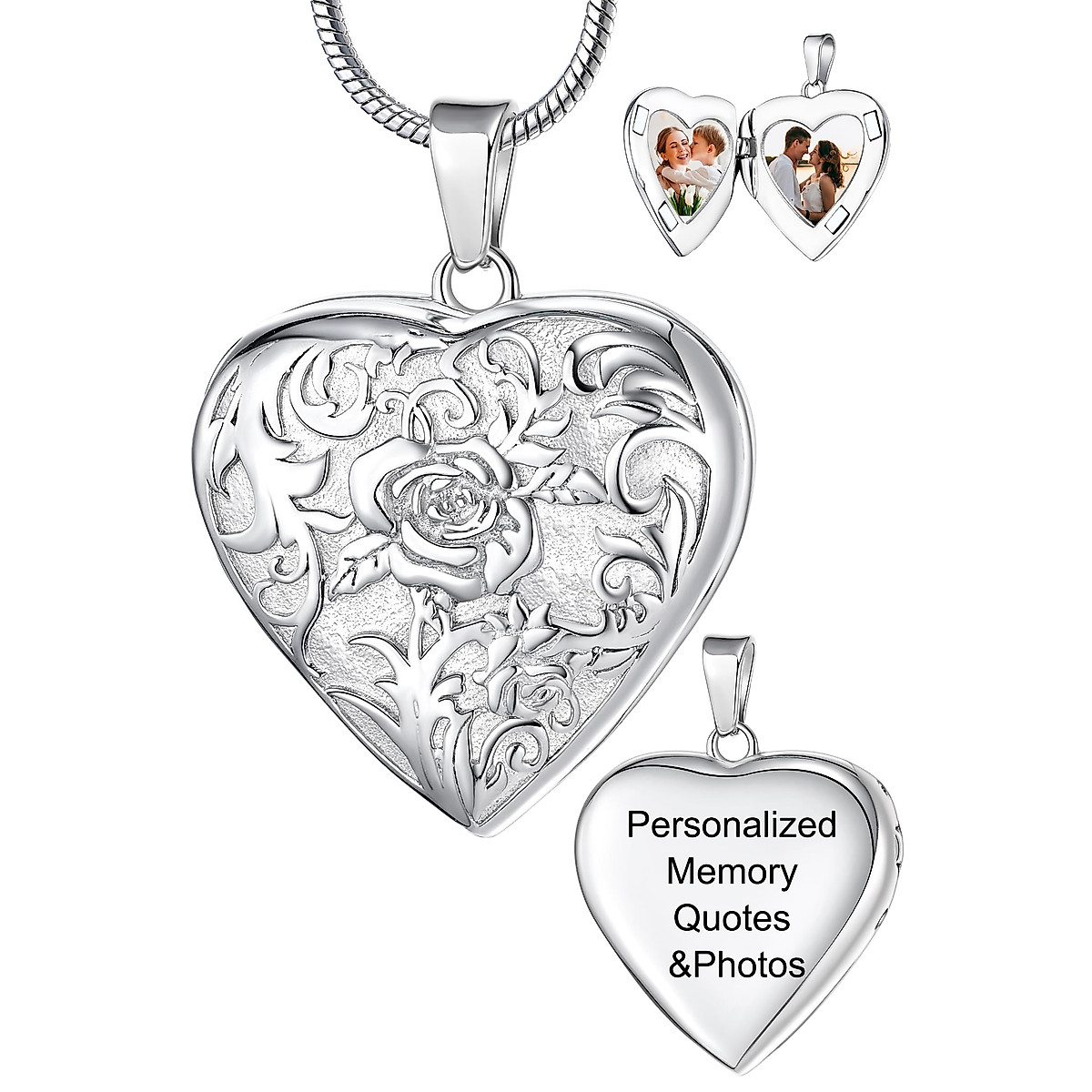 Fanery Sue Vintage Locket Necklace that Holds Pictures, Customized Picture Lockets Personalized Heart Locket with Picture Inside -Locket Necklace for Women (Silver Rose Locket)