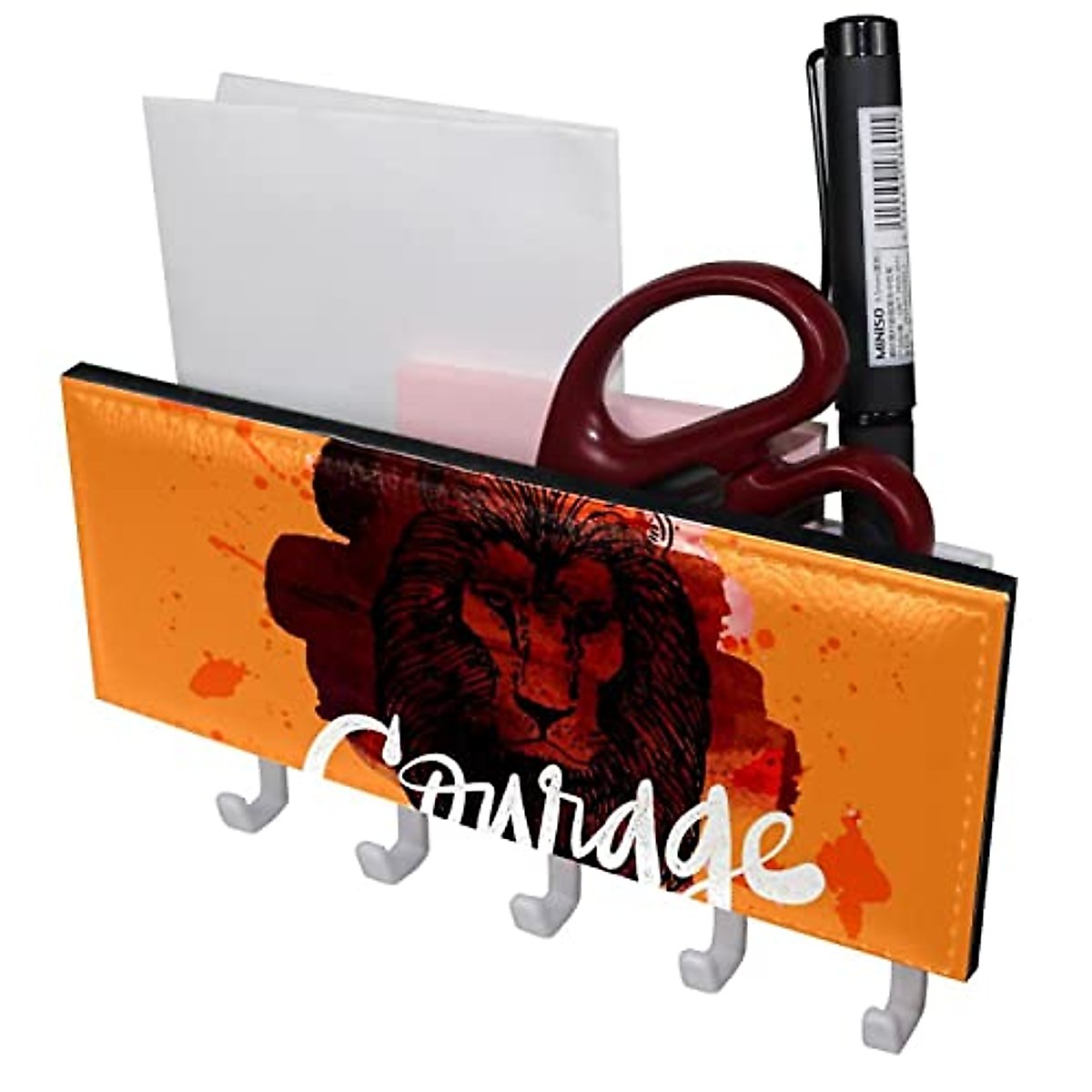 Lion Mail Holder Organizer and Key Hooks PU Front, Self Adhesive Key Rack with 5 Hooks Perfect for Entryway, Hallway，Bathroom ，Kitchen