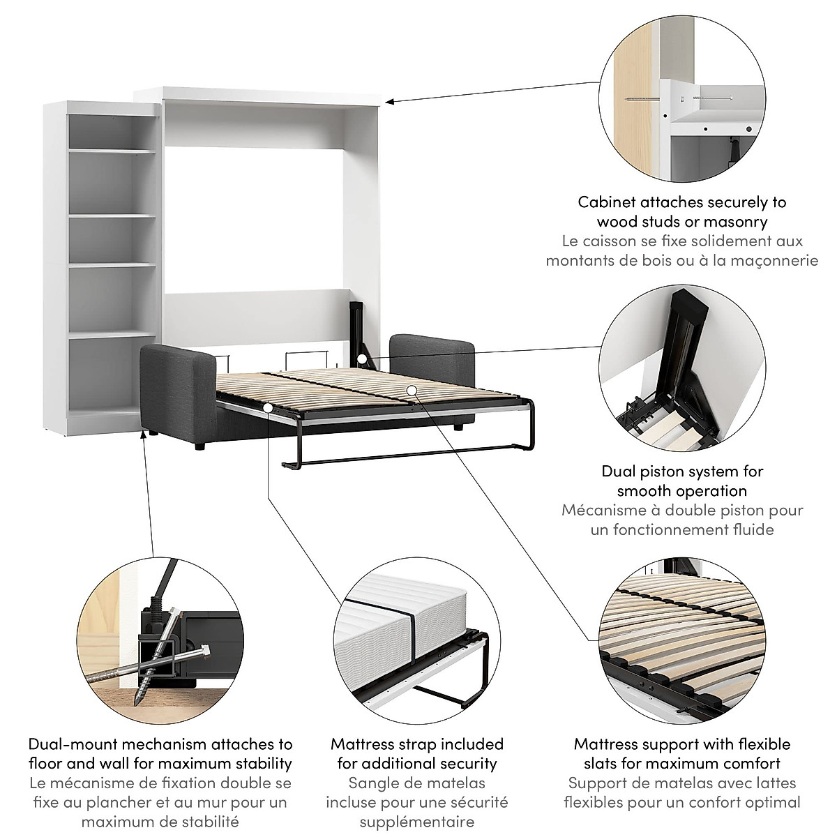 Bestar Pur Queen Murphy Bed with Shelving Unit, Space-Saving Sleeping Arrangement for Multipurpose Room in White