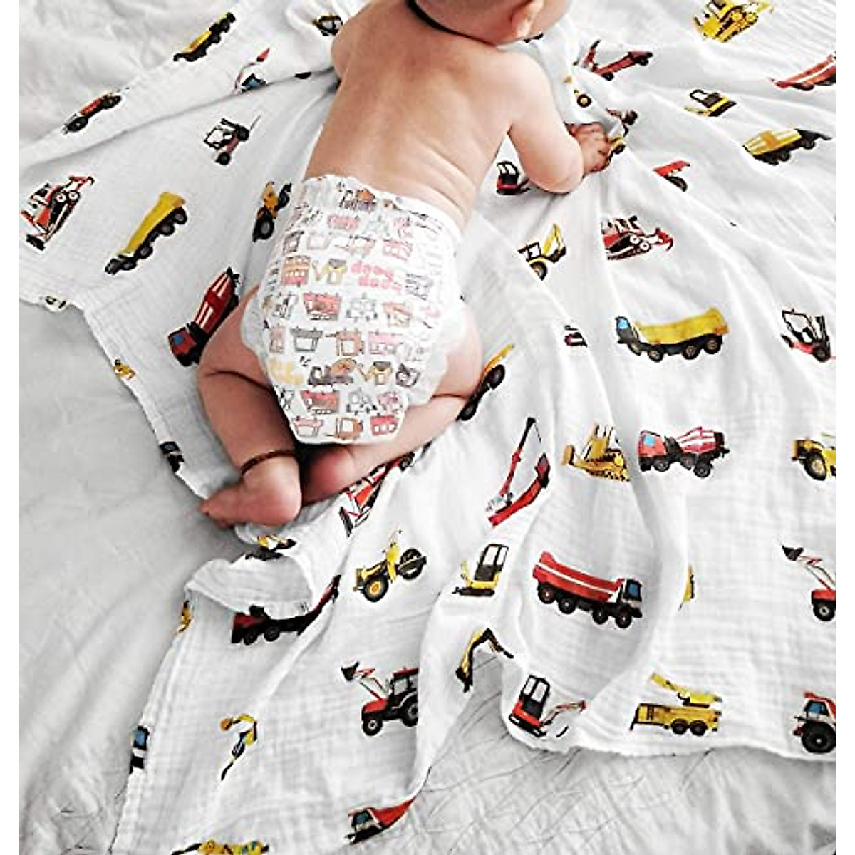 Bundle of ADDISON BELLE Products - 100% Cotton Fitted Crib Sheet + Muslin Swaddle - Construction Trucks - Soft, Durable & Breathable