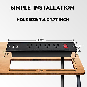 Mountable Power Strip Recessed Power Strip with USB 4 Outlet 2 USB Multiple Protection Built in Conference Desk Counter Workbench for PC Home Electric Appliance ETL Listed(Black)
