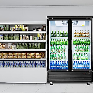 BLUELINETECH 56.4" W Display Refrigerator Double Glass Door, 35.7 Cu.ft Commercial Beverage Merchandiser Cooler Fan Cooling Reach-in Fridge with LED Lightning for Restaurant Bar Shop