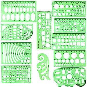 11PCS Geometric Drawings Templates, Drafting Stencils Measuring Tools, BetyBedy Plastic Clear Green Ruler Shapes with a Zipper Bags for Architecture, Office, Studying, Designing and Building