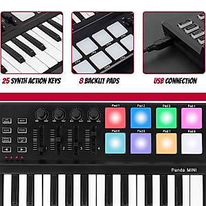 Midi Controller, lotmusic Worlde TUNA PANDA MINI 25 Keys Portable USB Midi Keyboard with 8 RGB Backlit Colorful Drum Beat