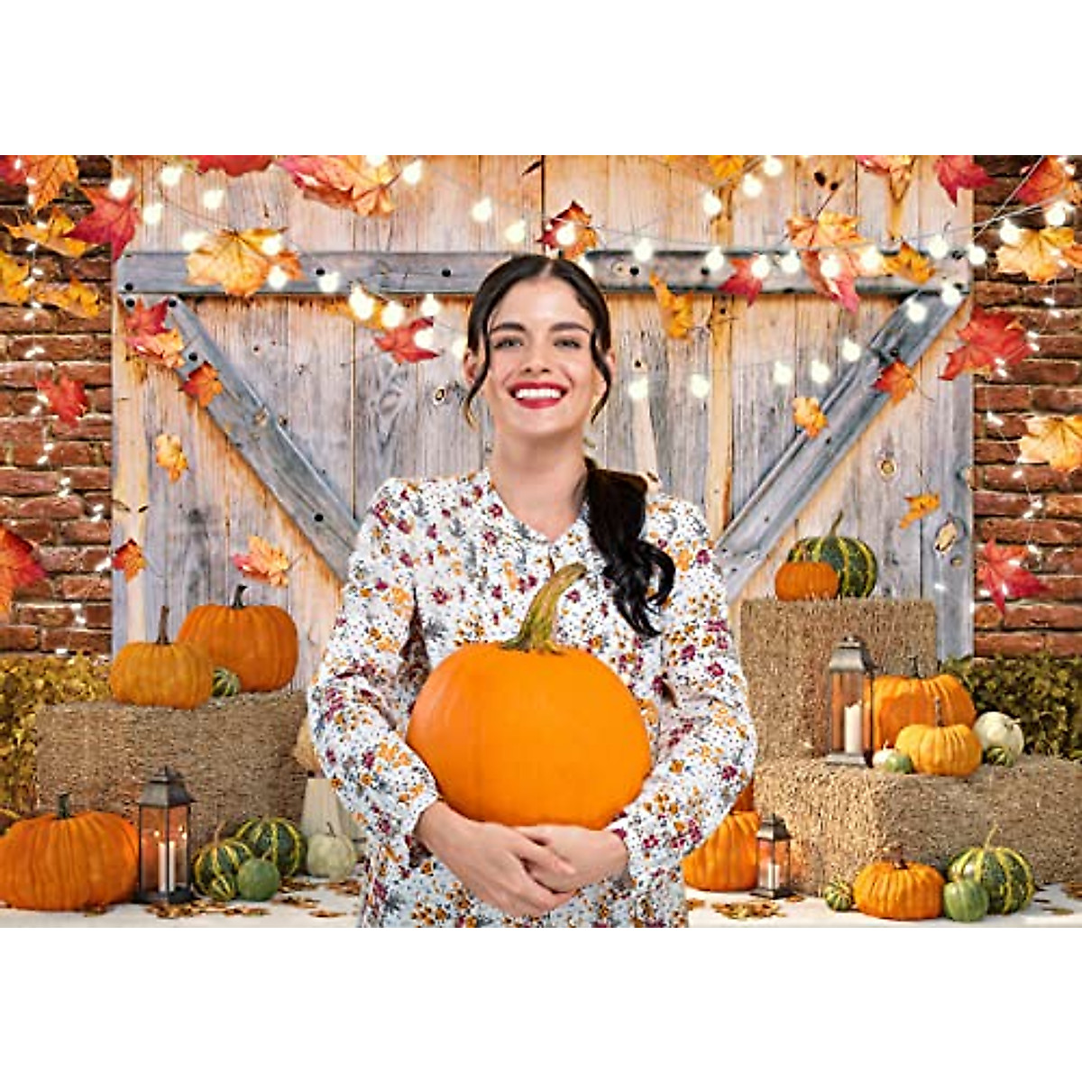 AIIKES 7X5FT Fall Thanksgiving Backdrop Autumn Pumpkin Harvest Barn Door Photography Backdrop Light Post Maple Leaves Haystack Thanksgiving Party Decorations Photo Studio Prop 12-457