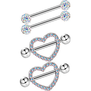 JOVITEC 2 Pairs Stainless Steel Nipple Ring CZ Barbell Rhinestone Nipple Studs for Nipple Tougue Body Piercing, 14 G (AB clolor)