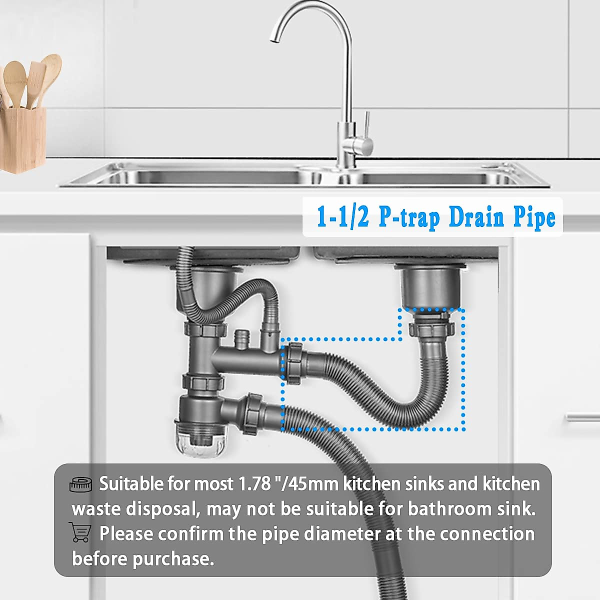 Cinsda Flexible Sink Drain Pipe, 1-1/2 P-trap with Adapter, Expandable Tubular Drain Tubing Pipe, Adjustable P Trap for Kitchen Sink Drain & Garbage Disposal
