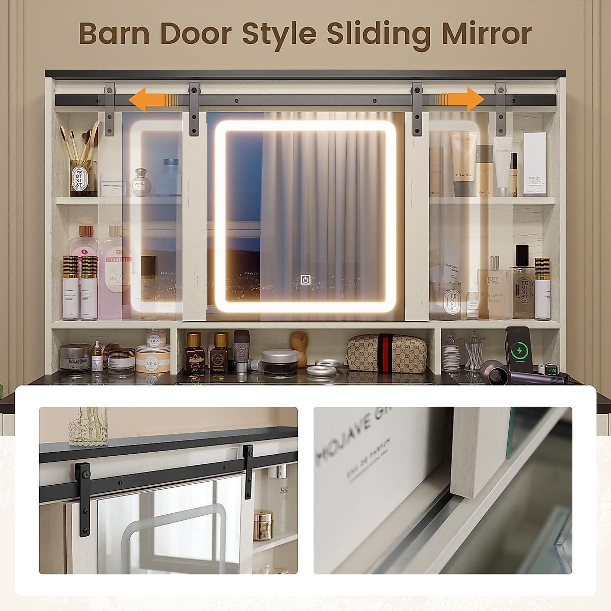 HAUOMS Farmhouse Makeup Vanity Desk with Sliding Lighted Mirror, Glass Top Vanity Desk with Power Outlet, Rustic Vanity Set, Antique White