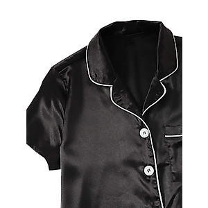 WDIRARA Women's Pajama Sets Satin Short Sleeve Down Shirts and Shorts Sleepwear PJ Set Dull Black Medium