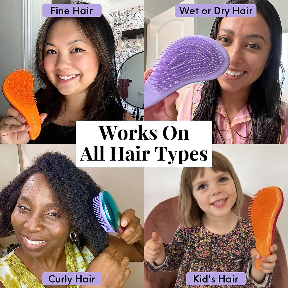 Lily England Detangler Brush & Comb Set - Lightweight Wide Tooth Detangling Tool for Women & Kids - Smooths Curly, Straight, Dry, Fine, & Thick Hair, Purple