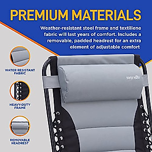 SereneLife, Gray and Black Foldable Outdoor Zero Gravity Padded Lawn Chair, Adjustable Steel Mesh Recliners, w/Removable Pillows and Cup Holder Side Tables, One Size