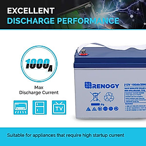 Renogy 12V 100AH Deep Cycle Hybrid Gel Battery, Over 750 Cycles, Rechargeable for Solar Wind RV Marine Camping UPS Wheelchair Trolling Motor, Maintenance Free
