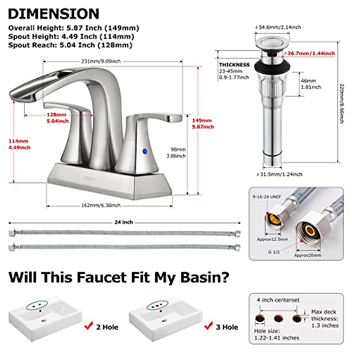 PARLOS 2 Handles Waterfall Bathroom Faucet with Pop-up Drain and Faucet Supply Lines, Brushed Nickel, Doris 14068