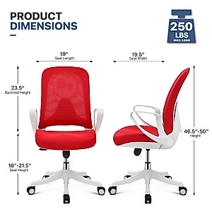 MoNiBloom Ergonomic Mesh Office Chair with Lumbar Support and Flip-up Arms, Home Office Height Adjustable Swivel Task Chair with Soft Seat and Ergonomic Backrest for Pain Back, 250 BLS, Red