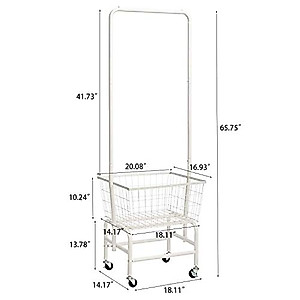 Rolling Laundry Hamper Basket Cart with Wire Storage Rack and Hanging Rack White