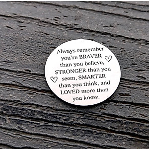 LRUIOMVE Always Remember You are Braver Than You Believe, Pocket Hug Token with Leather Keychain, Stainless Steel Double Sided Coin Long Distance Relationship Keepsake Gift