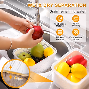 4 Pack Fruit Storage Containers for Fridge with Removable Colanders, Airtight Produce Vegetable Berry Containers for Fridge, All-In-One Food Storage Containers for Washing, Draining, Freshness