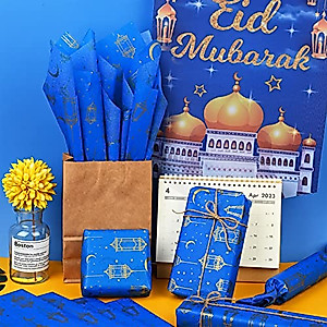 Bolsome 100 Sheets 20 * 14 Inches Eid Mubarak Tissue Wrapping Paper Blue and Gold Tissue Paper for Gift Bags for Ramadan Eid Al-fitr Gift Wrapping and DIY Crafts