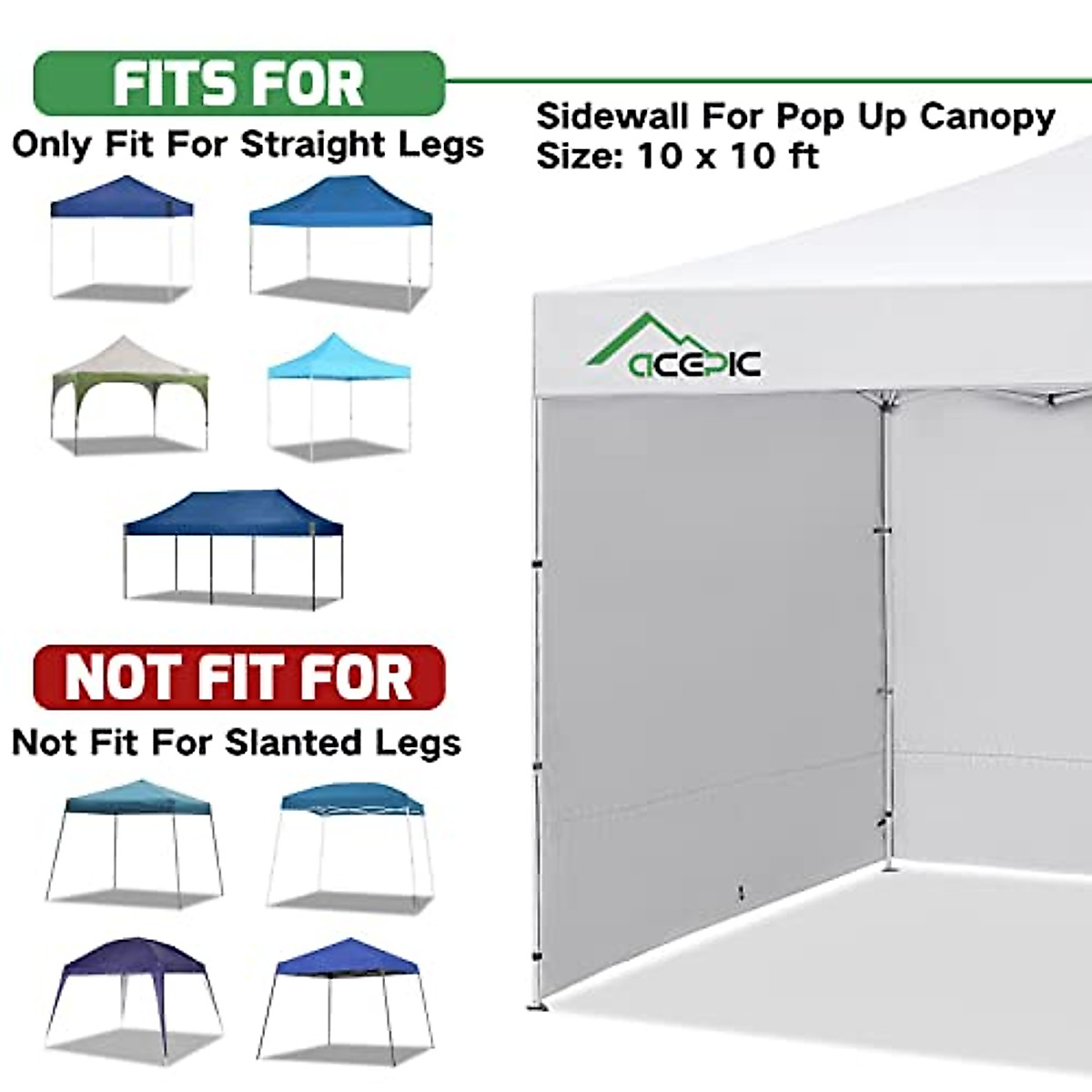 ACEPIC Instant Canopy Tent SideWalls for 10x10 FT Pop Up Canopy, 210D Polyester Waterproof, White (1PCS Sidewall Only, Canopy Tent NOT Included)