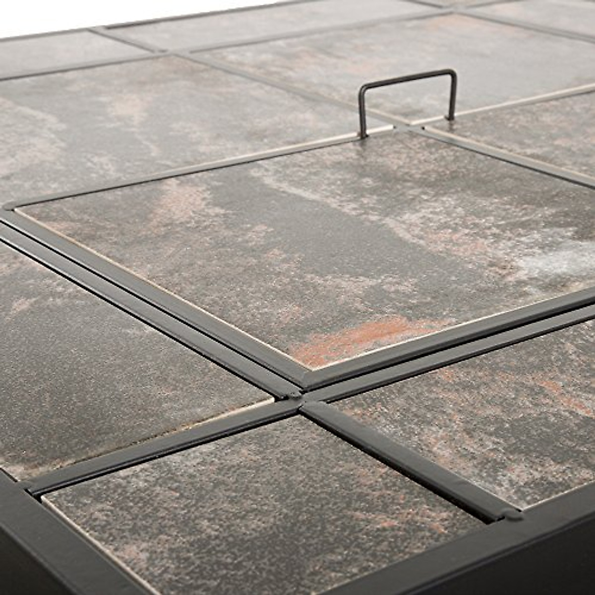 Fire Pit Set, Wood Burning Pit - Includes Screen, Cover and Log Poker - Great for Outdoor and Patio, 30 inch Square Marble Tile Firepit by Pure Garden, Black