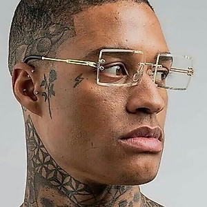 Street Knitted Luxury Rimless Designer Square Retro Gold Wire Metal Frame Clear Lens Eye Glasses Unisex Trendy Rectangle Frameless Hip Hop Glasses For Men And Women