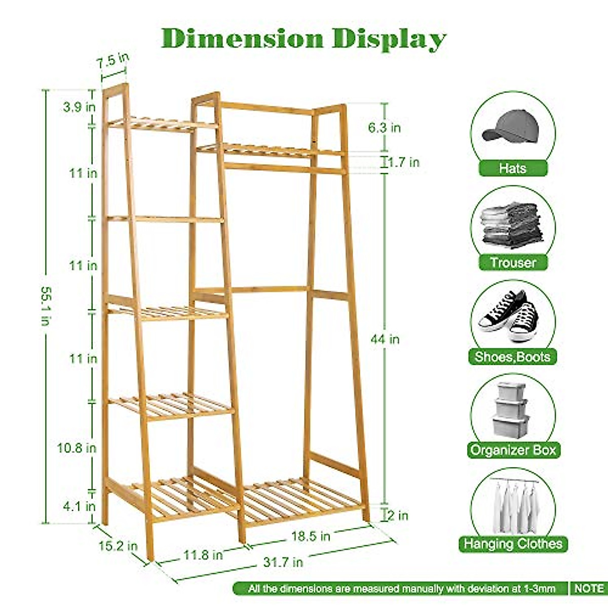 COOGOU Wood Clothes Rack Garment Racks for Hanging Bamboo Clothing Rack with Shelves Corner Narrow Hanging Clothes Racks for Kids Childs Clothes Organizer Small Space,Free Standing (Ladder Design)