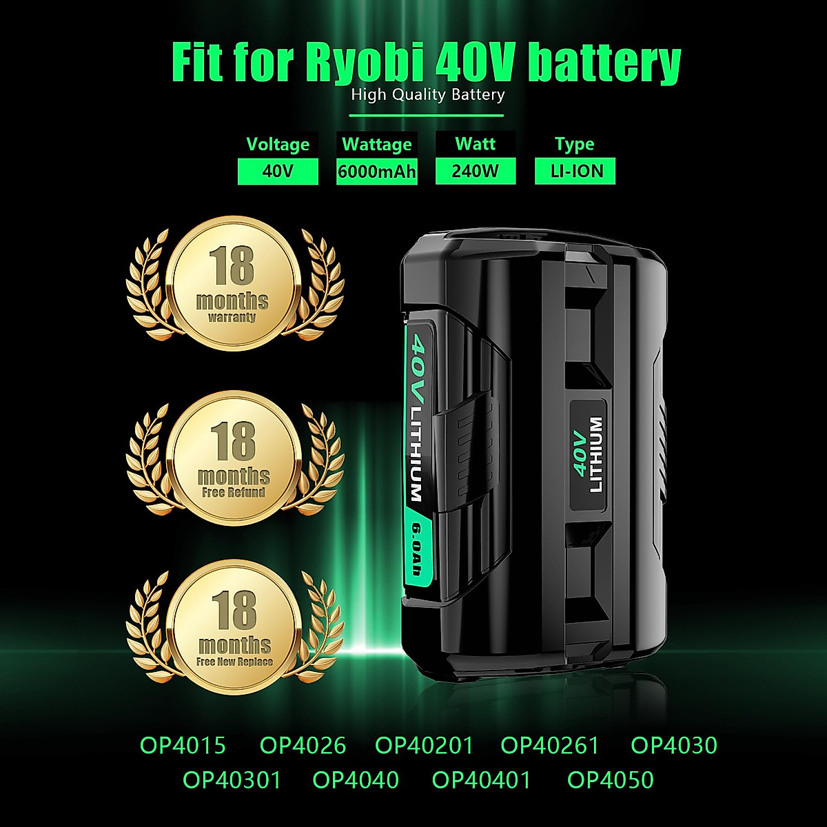 DSANKE 40V 6.0Ah Replacement for Ryobi 40V Lithium ion Battery OP4015 OP4026 OP40201 OP40261 OP4030 OP40301 OP4040 OP40401 OP4050 OP4050A OP40501 OP40601