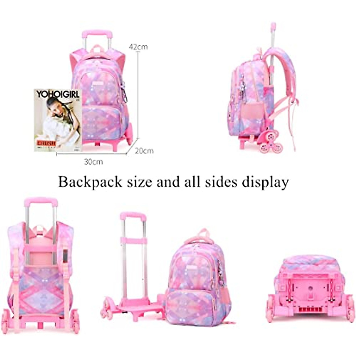 Diamond,Geometric 3Pcs Kids Rolling Backpack Set Wheeled Elementary School Bag Trolley Bookbag for Boys