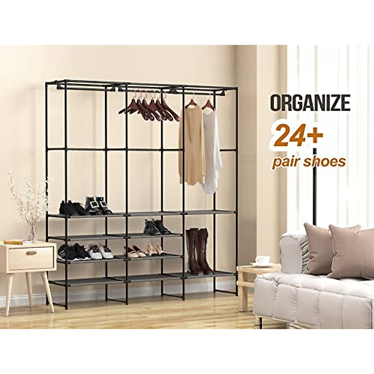 Kertnic 4-Tier Shoe, Boots Rack Storage Organizer for Entryway, Free Standing Black Versatile Shoe Shelf Stand with Coat Hanging Garment Rack for Bedroom (upgrade)