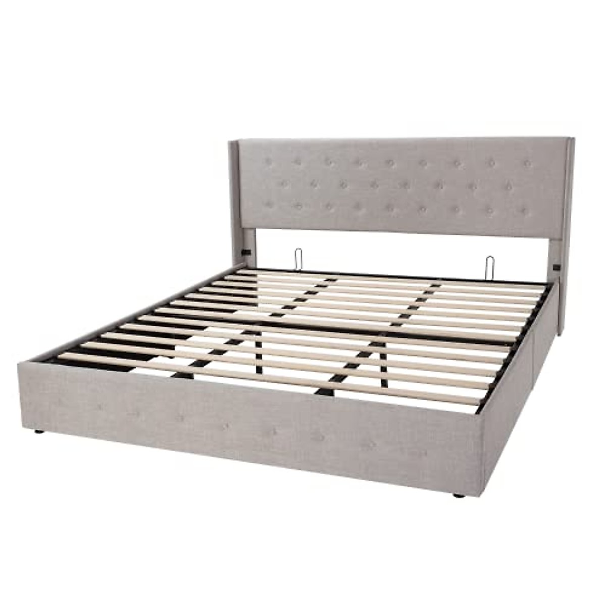 IMUsee King Size Platform Bed Frame with Lifting Storage, Button Tufted Headboard with Wingback, Underneath Storage Space, Fabric Upholstered, No Box Spring Needed, Light Beige