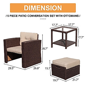 Super Patio 5 Piece Outdoor Furniture Set, PE Wicker Rattan Small Patio Set Balcony Furniture, Outdoor Sofa with Ottomans, Tempered Glass Side Table, Beige Cushions, for Porch, Deck, Poolside