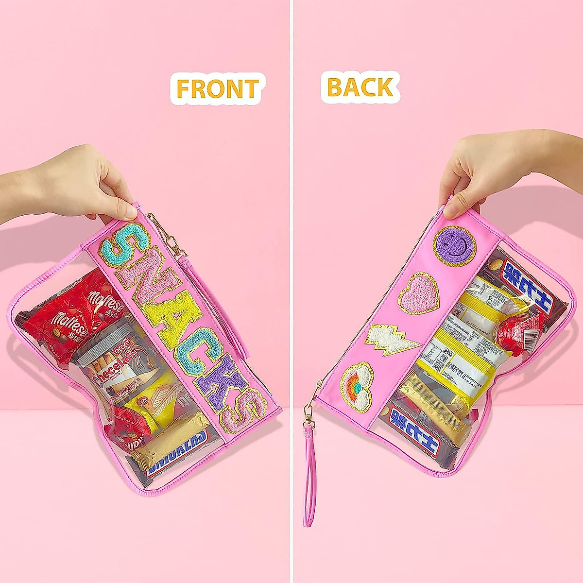 dark swan 1PCS Chenille Patch Nylon Pouch,Clear Waterproof Snacks Bag,With Preppy &Letter Double Sided Patches Multi-purpose Makeup Travel Bag for Women Girls