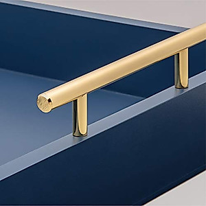 Esther Decorative Coffee Table Tray – Navy Blue Wood Serving Tray for Ottoman, Polished Gold/Silver Interchangeable Metal Handles (2 Sets), Rectangular Wood Construction, 16.5x12.25, Matte Finish